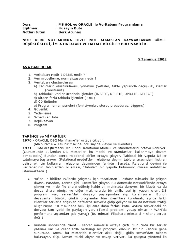 MS SQL Ve ORACLE Ile Veritaban Programlama | PDF