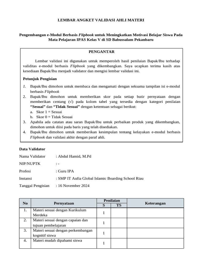 Instrumen Validasi Ahli Materi | PDF