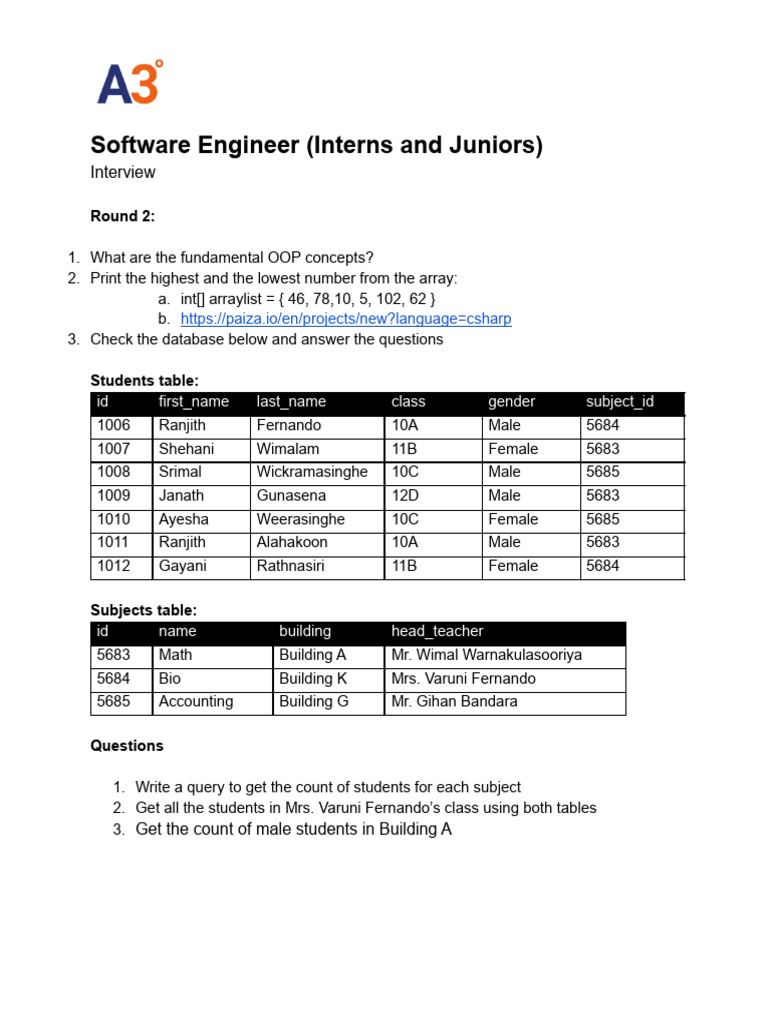 Interview - Software Engineer (Interns and Juniors) Round 2 | PDF