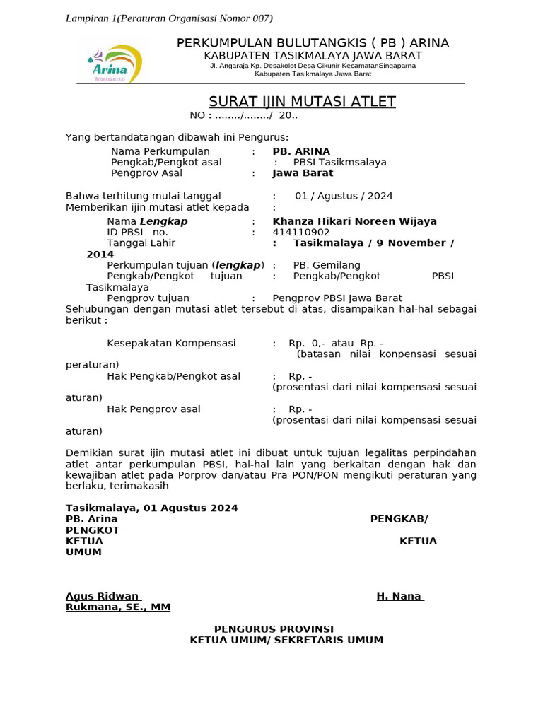 Form Surat Ijin Mutasi Atlet Khanza | PDF