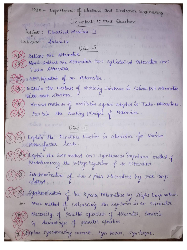 ELECTRICAL MACHINES - II 10 M and 3 M Important Questions | PDF