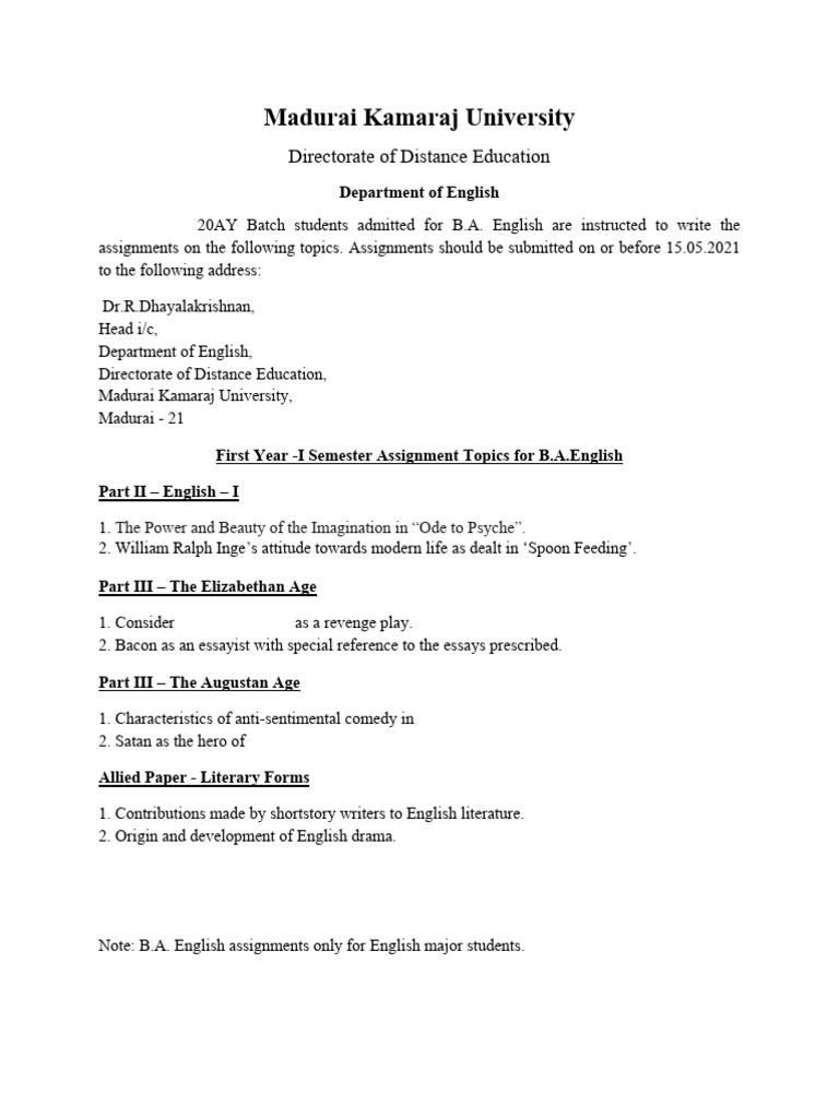 B.A. English Assignment Topics 2021 | PDF