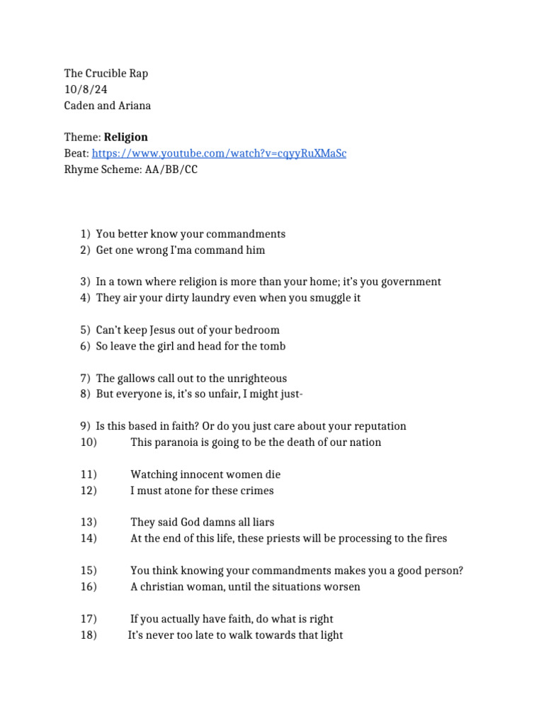 The Crucible Rap: Faith and Paranoia | PDF | Social Science | Mystery ...