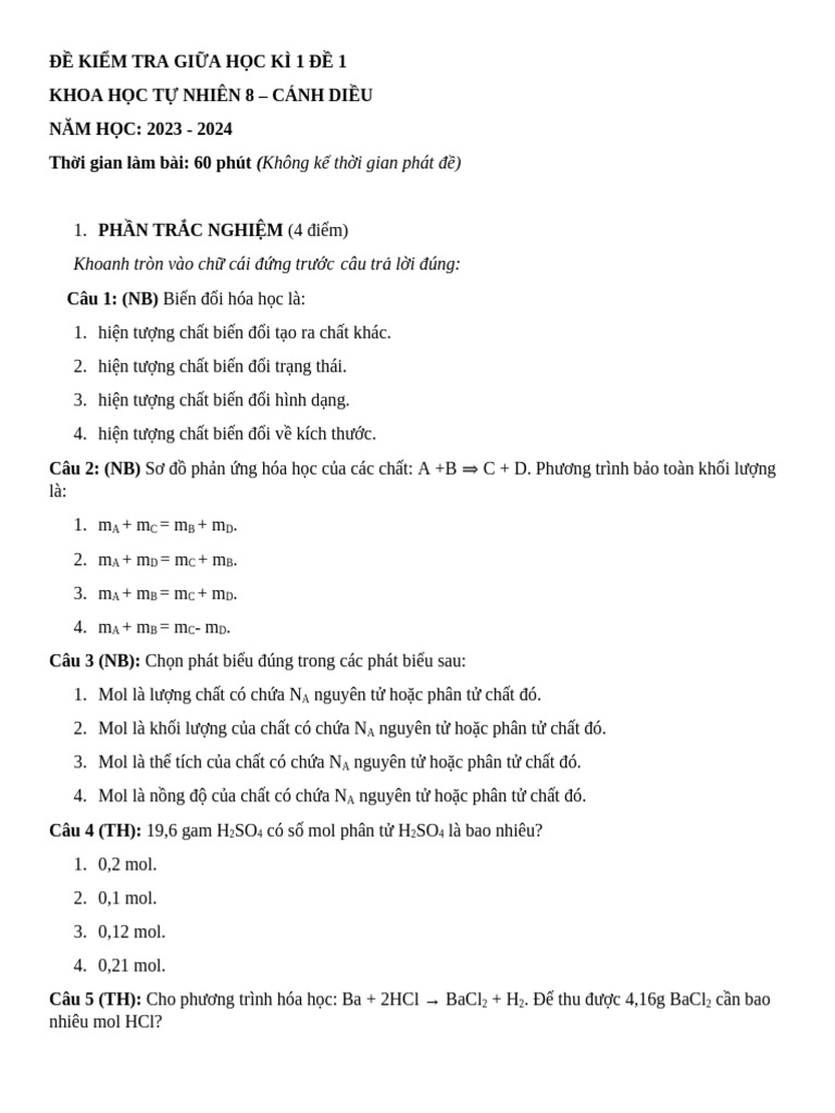 10 ĐỀ GK KHTN 8 | PDF