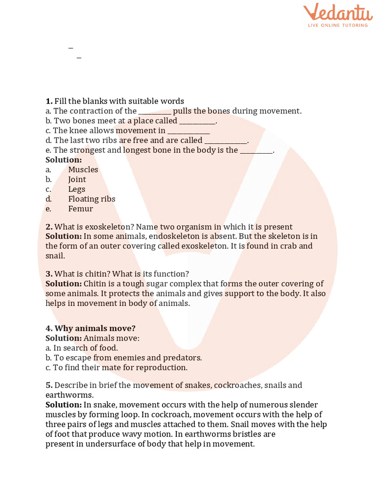 CBSE Class 6 Science Body Movements Worksheets With Answers - Chapter 8 ...