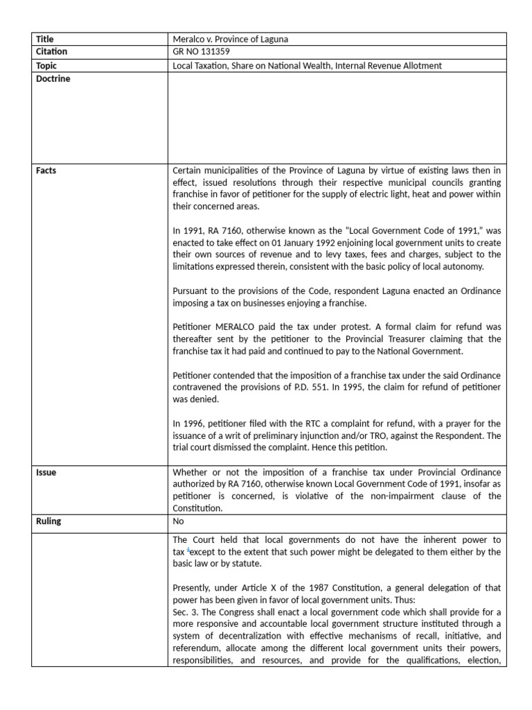 Meralco Franchise Tax Case Summary | PDF | Taxes | Injunction