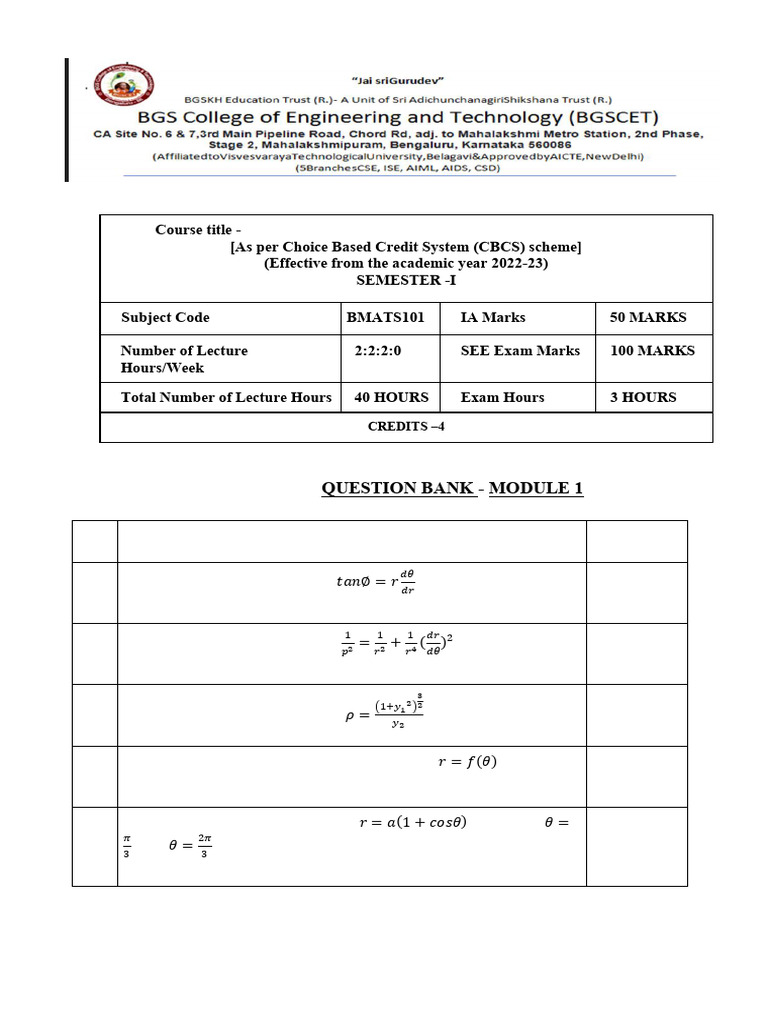 BMATS101 Question Bank On Module 1 | PDF | Euclidean Geometry ...