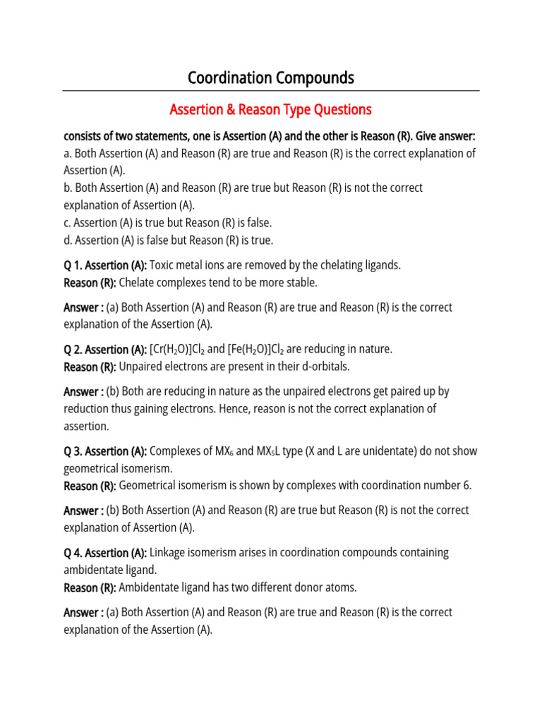 Assertion & Reason Questions on Coordination Compounds | PDF | Coordination Complex | Molecules