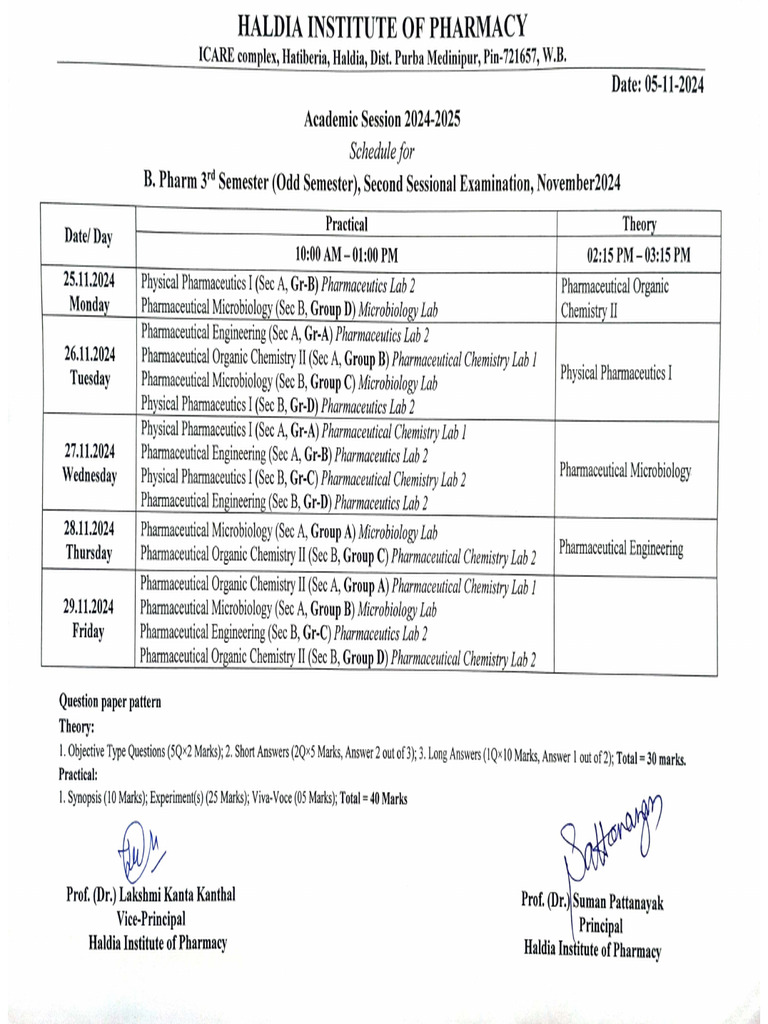 3rd Semester, 2nd Sessional Examination Schedule | PDF | Pharmaceutical Sciences | Pharmacy