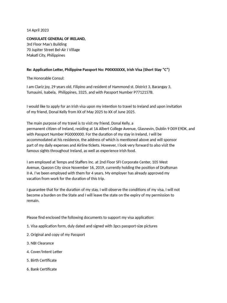Sample Application Letter To Embassy of Ireland | PDF | Law