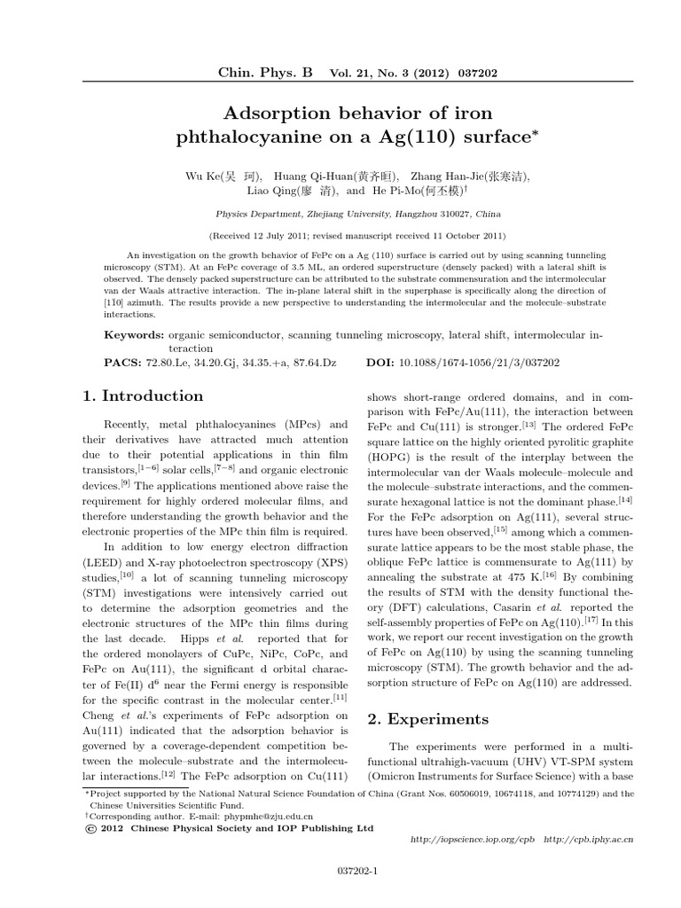 Adsorption Behavior of Iron Phthalocyanine On A Ag (110) Surface 2 ...