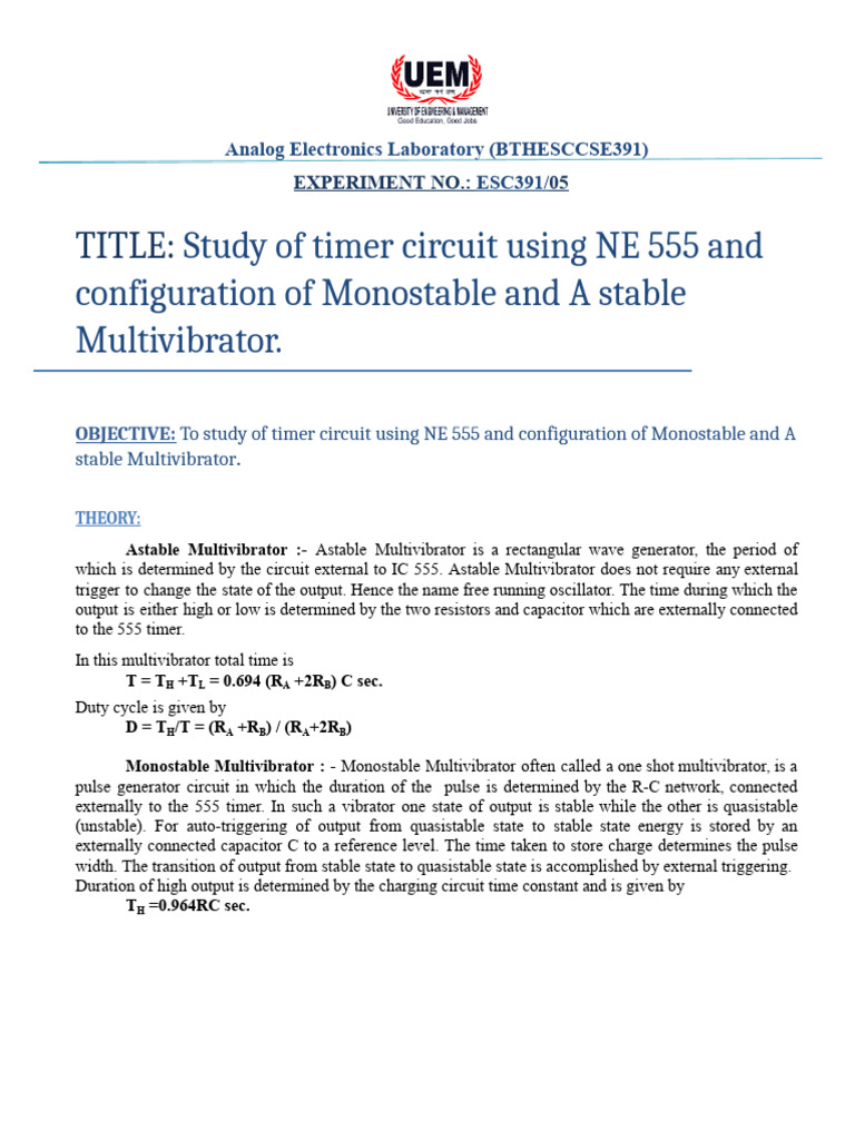 AE Lab Exp05 Multivibrator-1 | PDF | Analog Circuits | Electrical Circuits