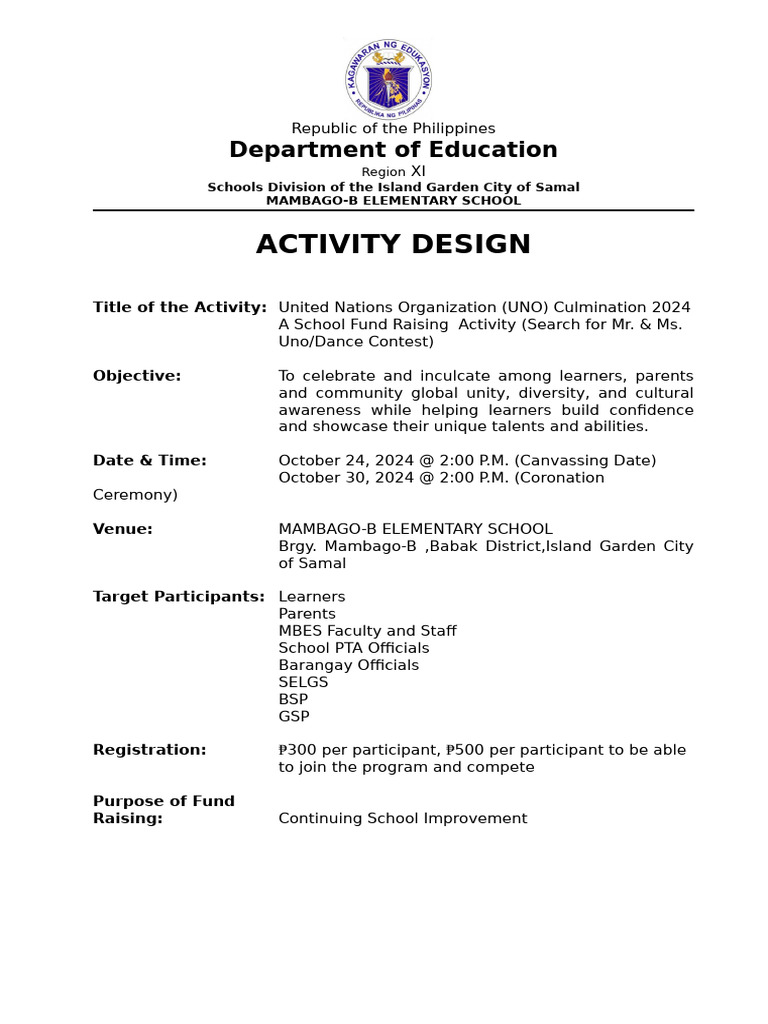 UNO Culmination Activity Design 2024 | PDF | Collaboration | Learning