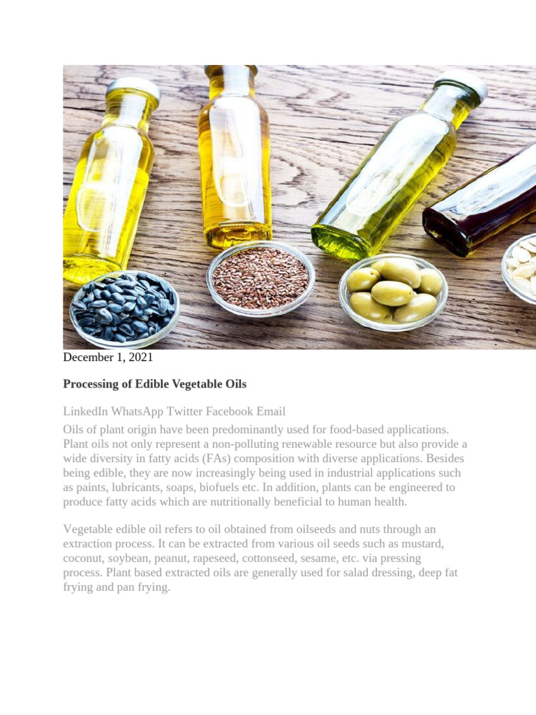 December 1, 2021: Processing of Edible Vegetable Oils | PDF | Vegetable ...