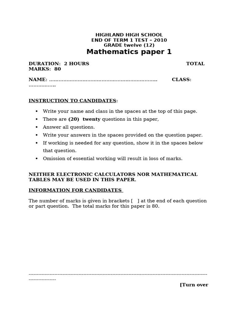 Highland High School Grade 12 Math Test | PDF | Determinant ...