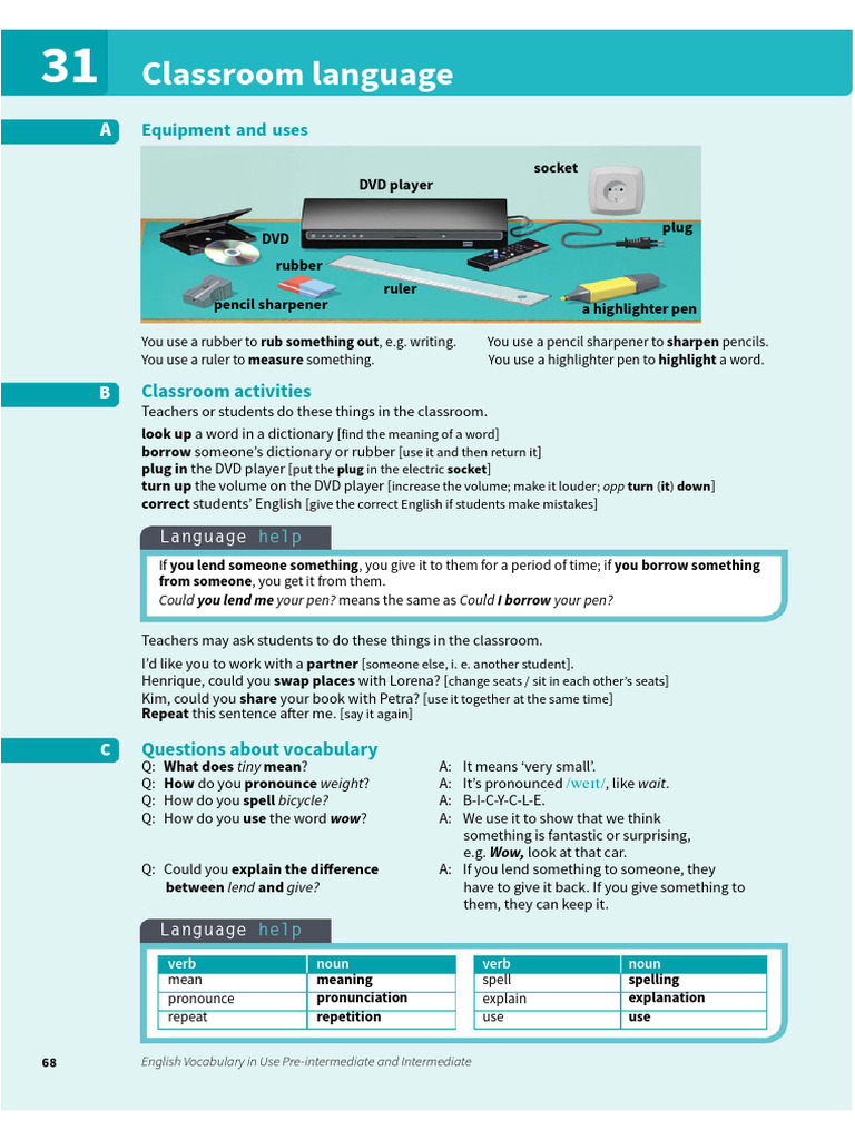 Classroom Language: Equipment and Uses | PDF | English Language | Lexicology