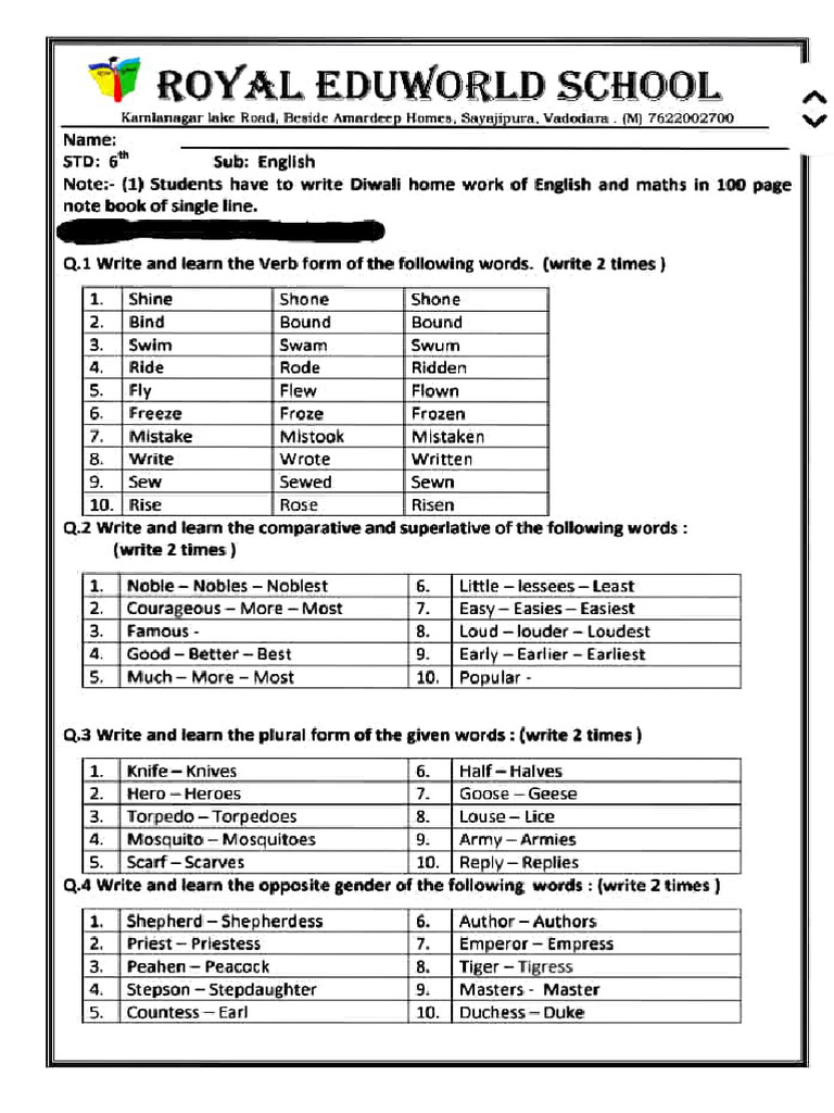 Royal Eduworld School Homework Guide | PDF | Grammar | Languages