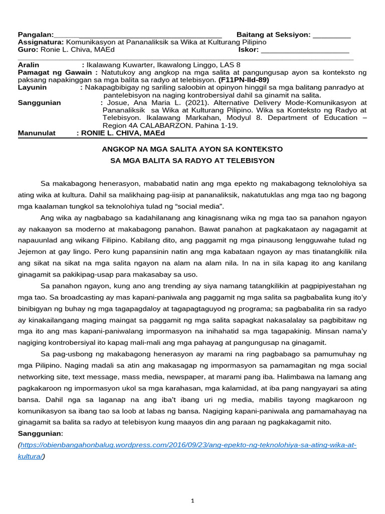 KomPan LAS6 Q2 wk8 | PDF