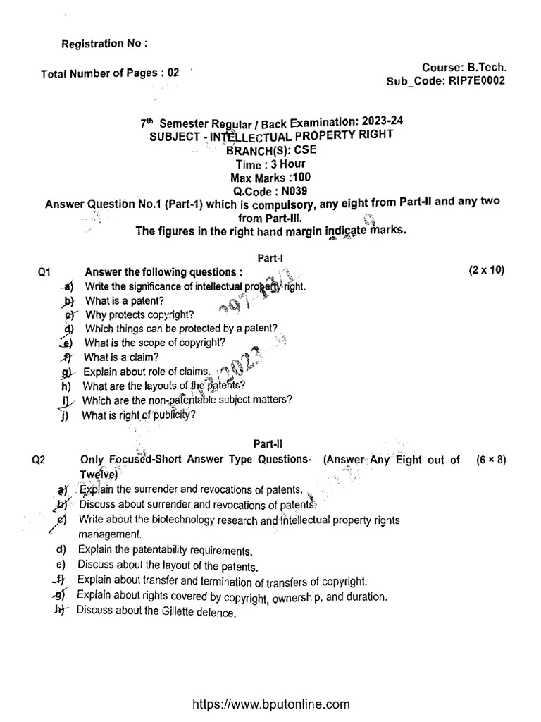 Btech Cse 7 Sem Intellectual Property Right Rip7e0002 2024 | PDF