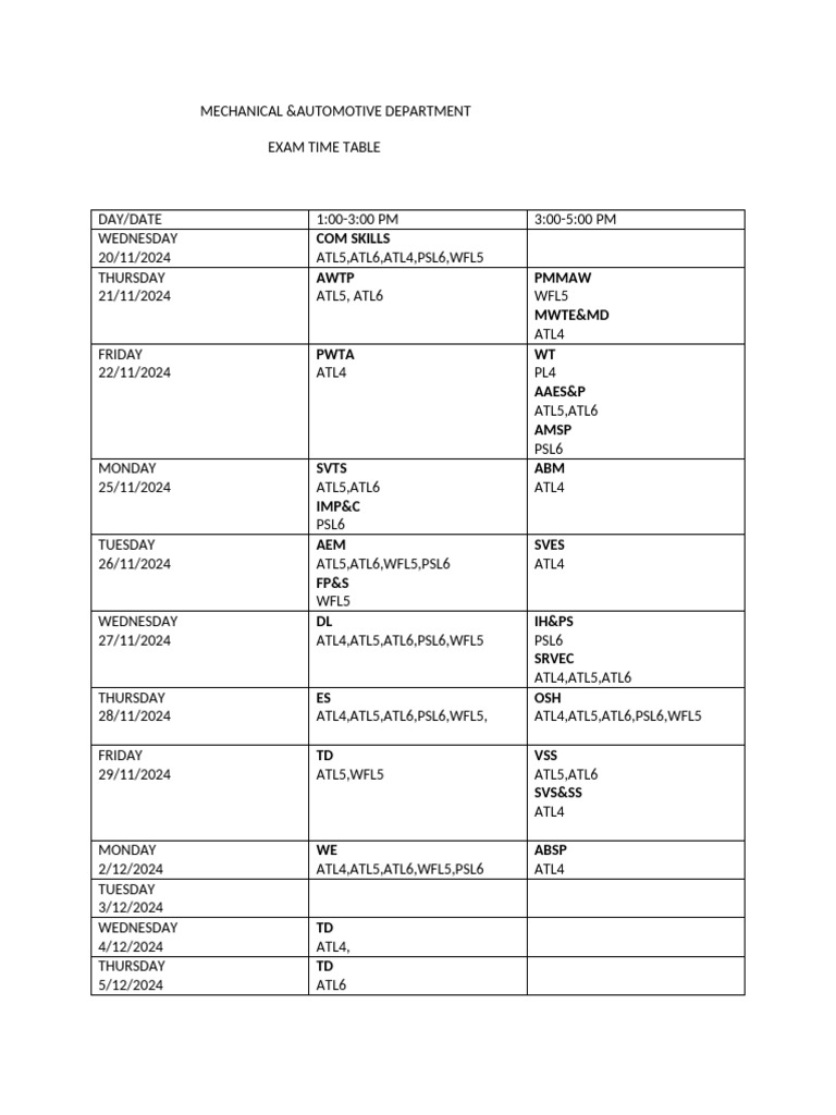 Mech Auto Exam Time Table | PDF | Technology & Engineering