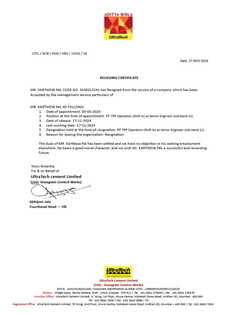 Relieving Certificate | PDF