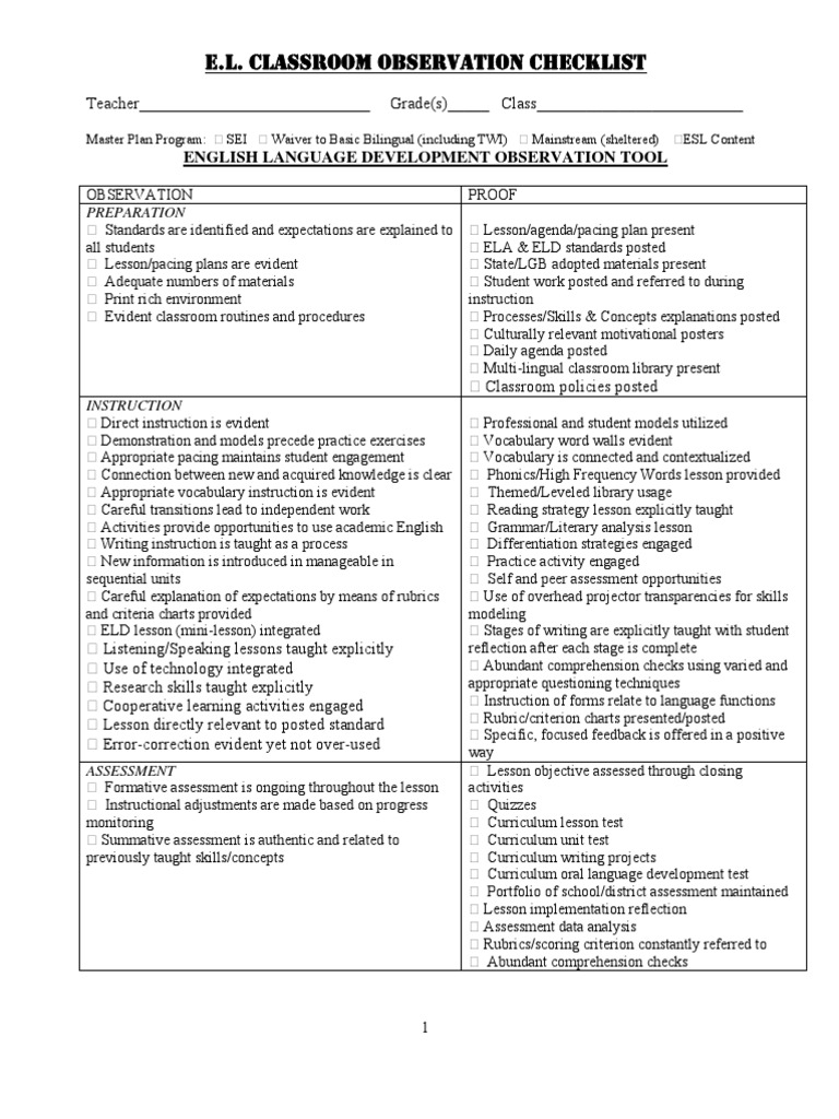 ELD Observation Checklist | PDF | Educational Assessment | Reading ...