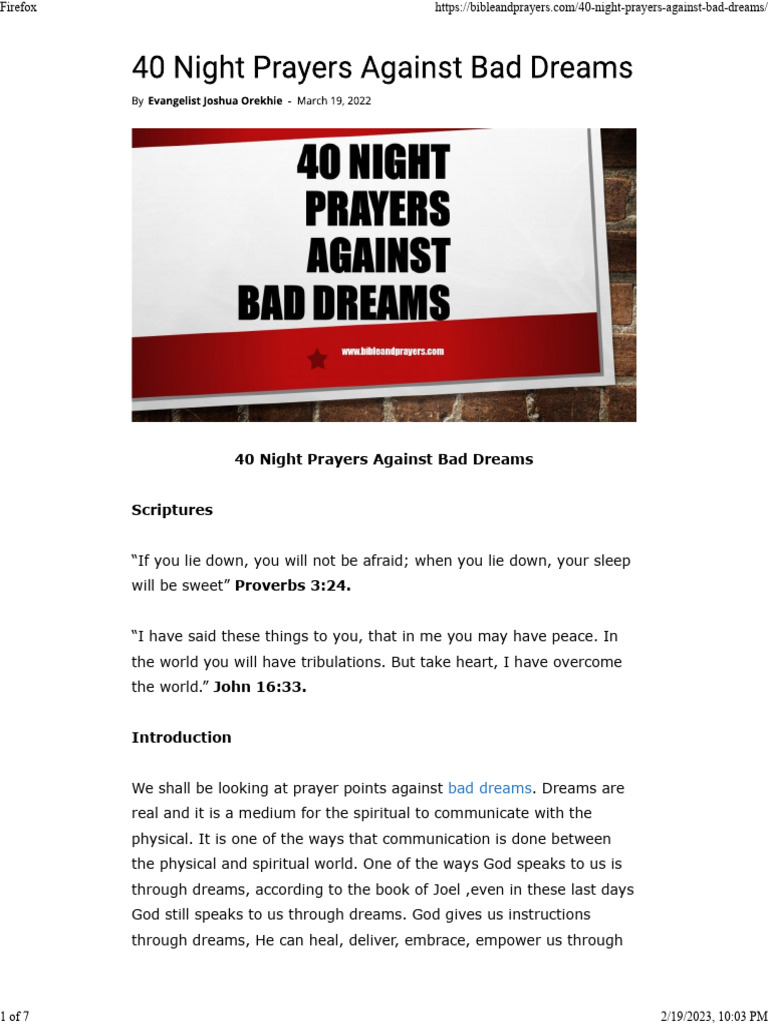 40 Night Prayers Against Bad Dreams | PDF | Nightmare | Salvation