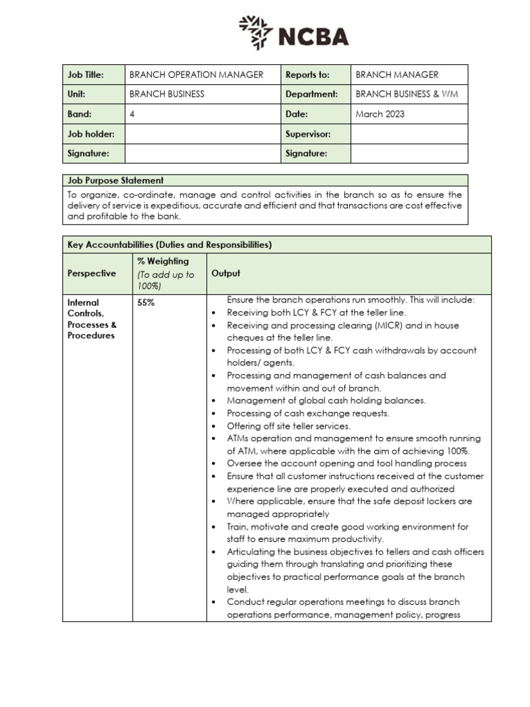 Job Description Branch Operation Manager | PDF | Banks | Leadership
