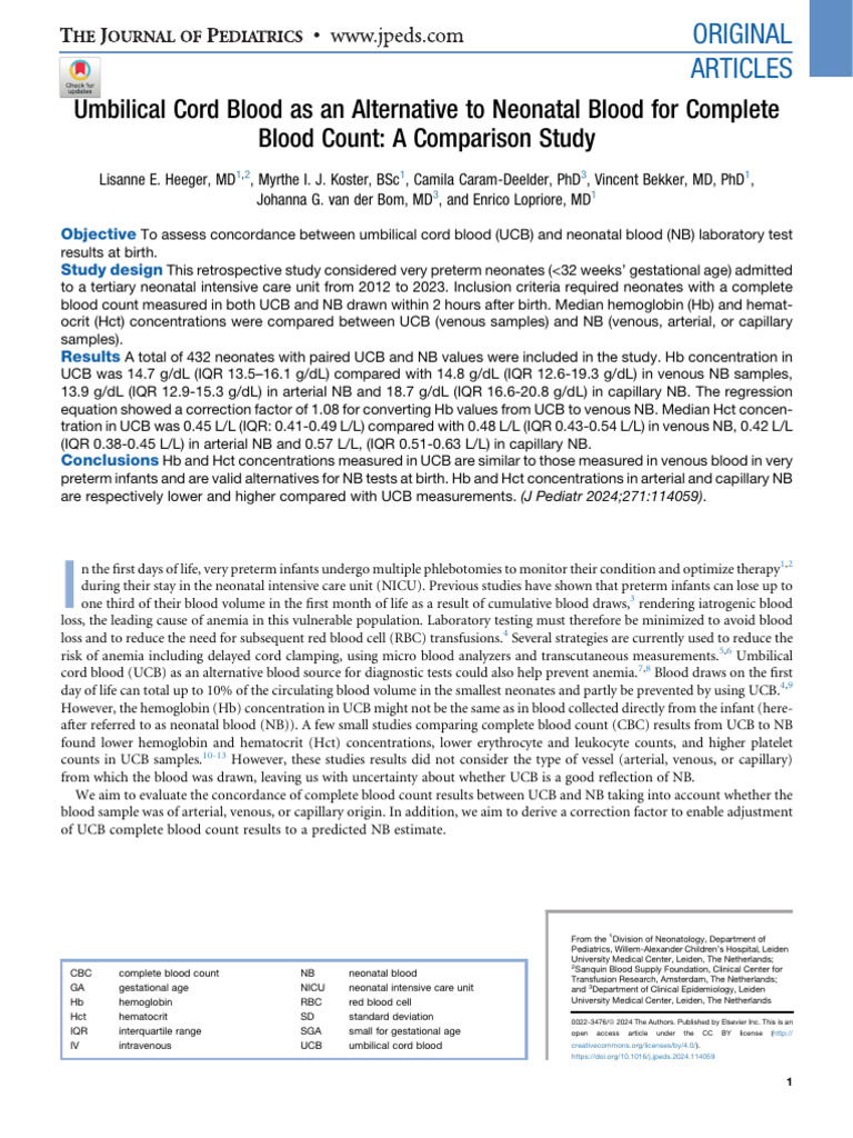 Umbilical Cord Blood vs Neonatal Blood CBC | PDF | Blood | Blood ...