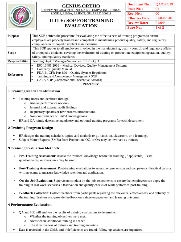 Training Evaluation SOP for Orthopedics | PDF | Quality Assurance ...