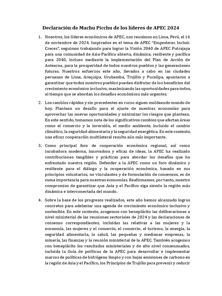 Declaracion de Machu Picchu de Los Lideres de Apec 2024 | PDF ...