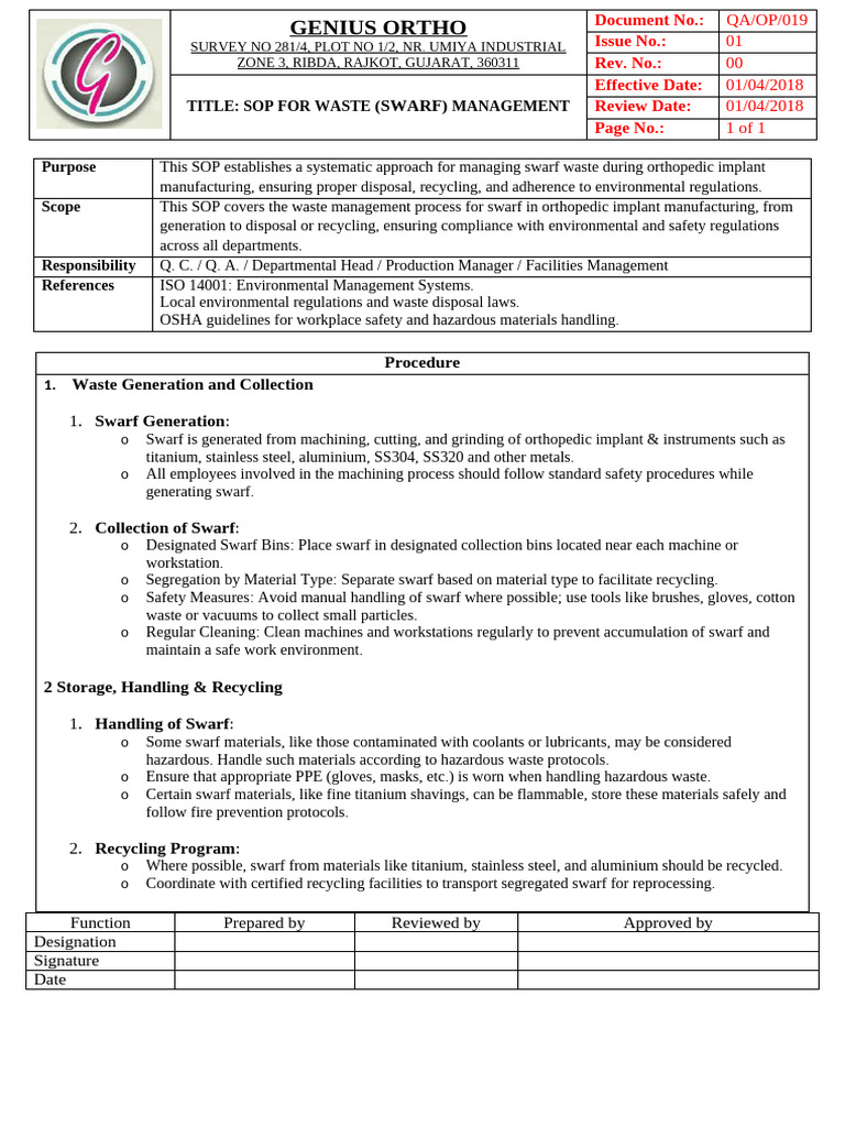 SOP For Waste (Swarf) Management | PDF | Recycling | Waste