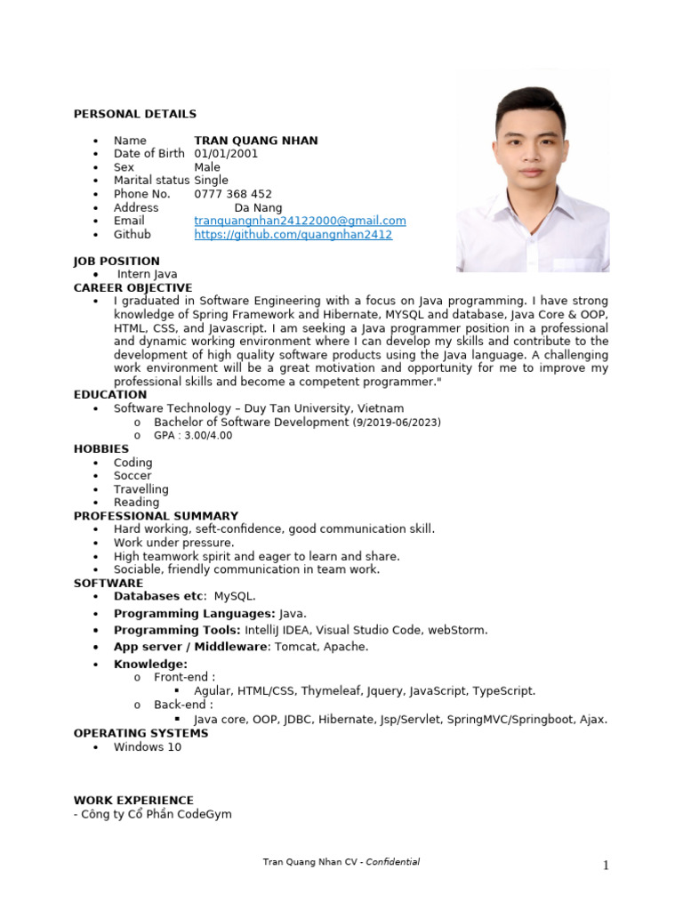 CV NguyenDinhPhuc | PDF | Java (Programming Language) | Systems Architecture