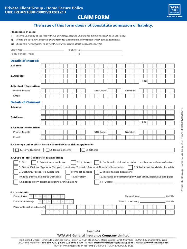 PCG Home Policy Claim Form 65c5e5b1a8 | PDF | Natural Disasters ...