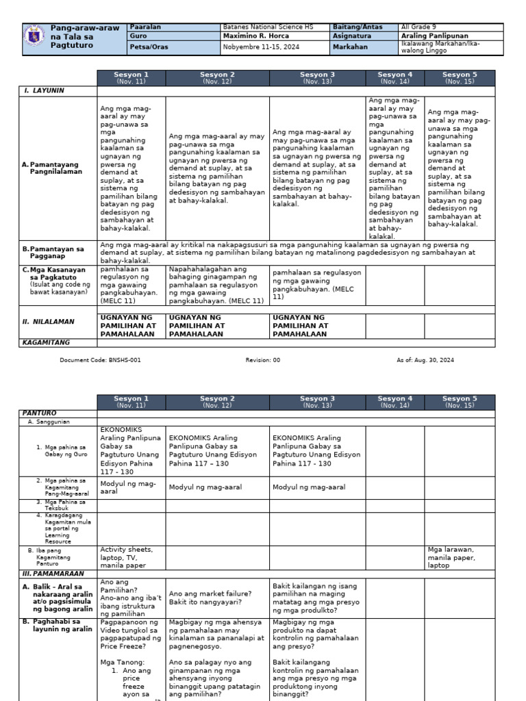 BNSHS-001-00-August 30 2024-DLL-Template - Filipino-AP Q2 W8 | PDF