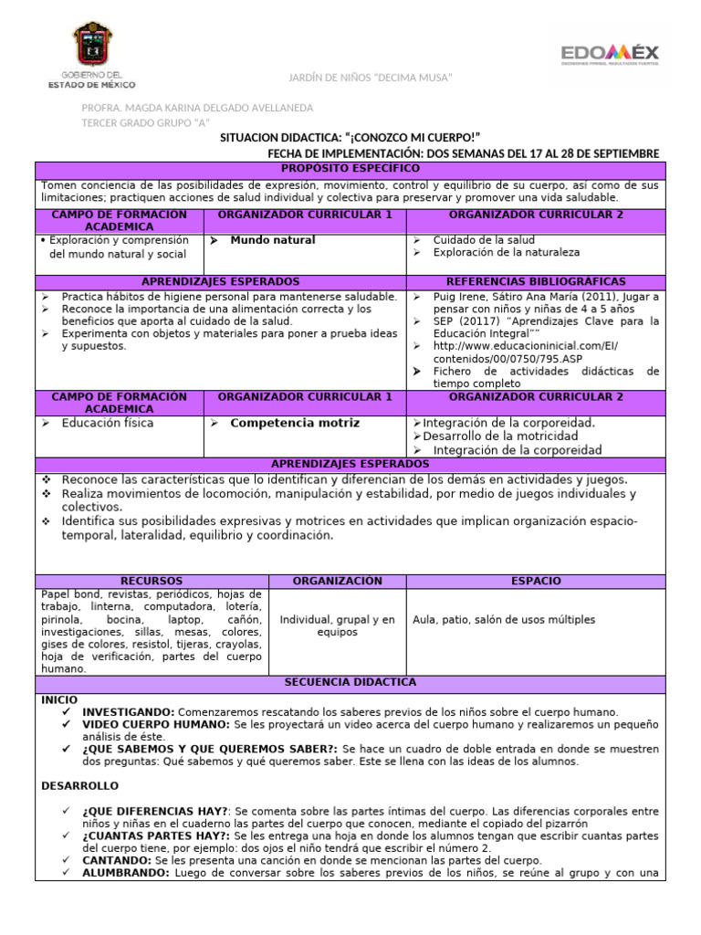 Situacion Didactica Conozco Mi Cuerpo | PDF | Educación de la primera infancia
