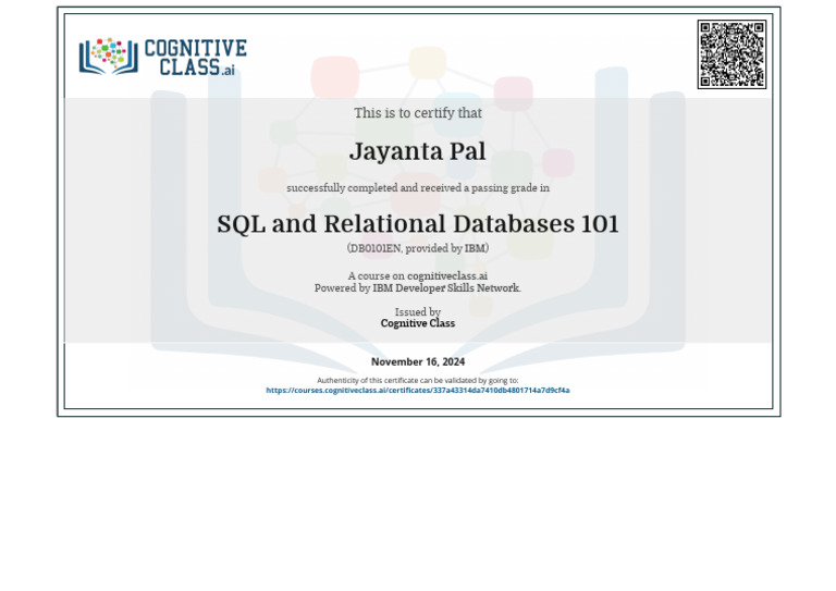 Nov-2024-IBM DB0101EN Certificate - Cognitive Class | PDF