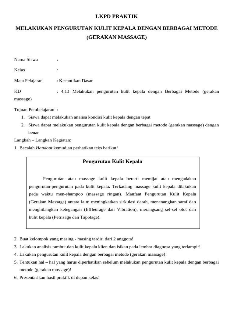 LKPD Praktik Pengurutan Kulit Kepala | PDF