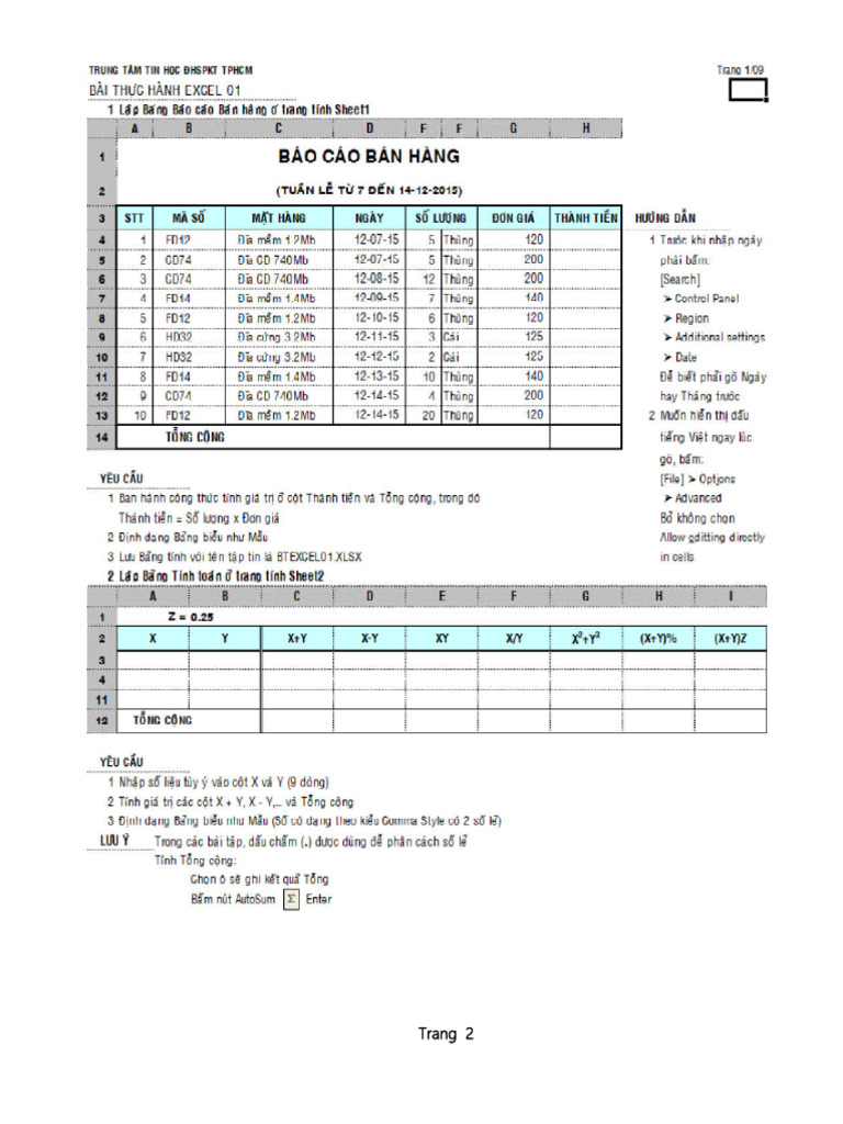 BT excel cơ bản | PDF