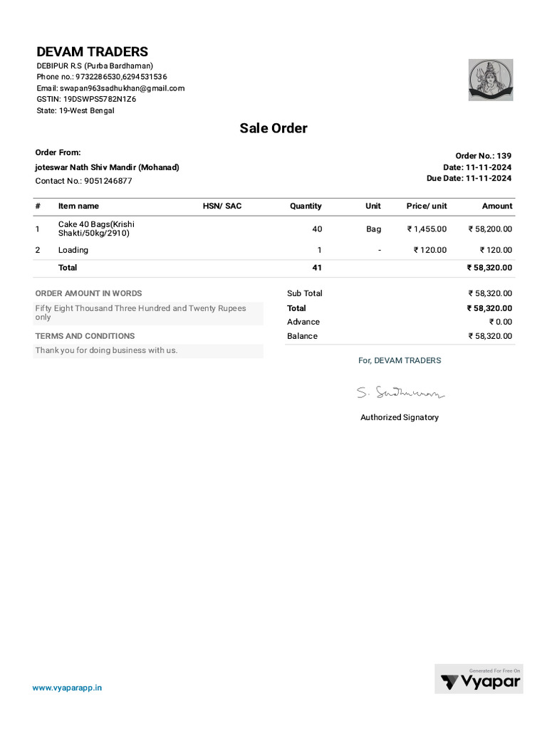 Sale Order for DEVAM TRADERS | PDF