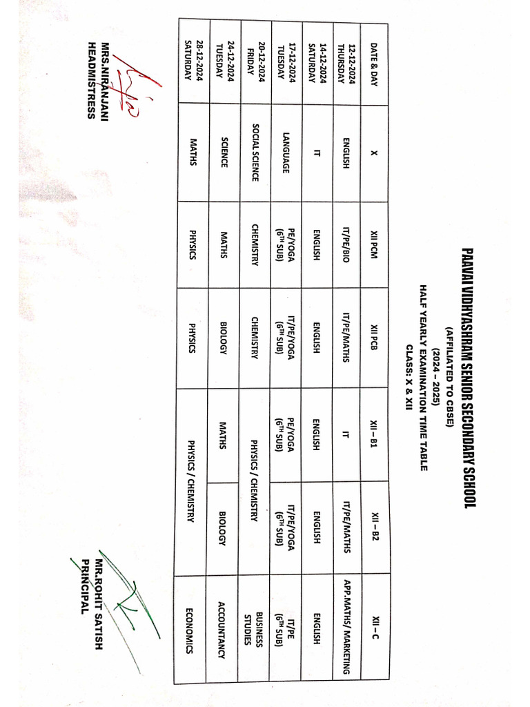 Half Yearly Exam Time Table Class 10 & 12 | PDF