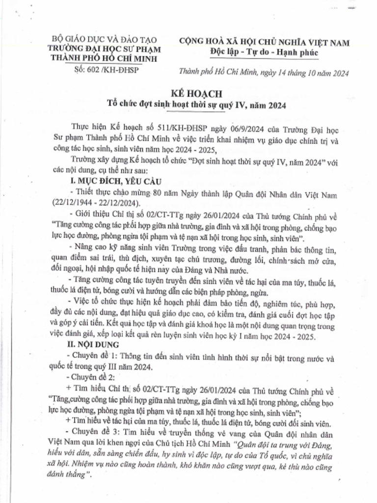 602-KH-ĐHSP-HK T CH C Đ T Sinh Ho T TH I S Quý IV-2024-1 | PDF