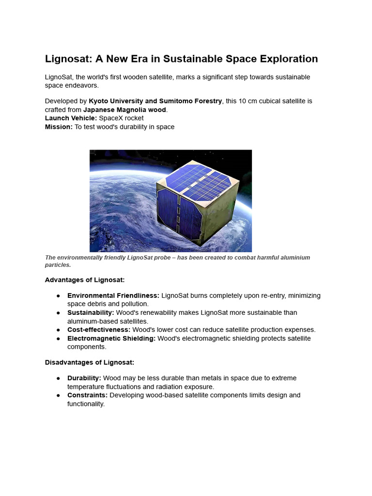 Lignosat - A New Era in Sustainable Space Exploration | PDF