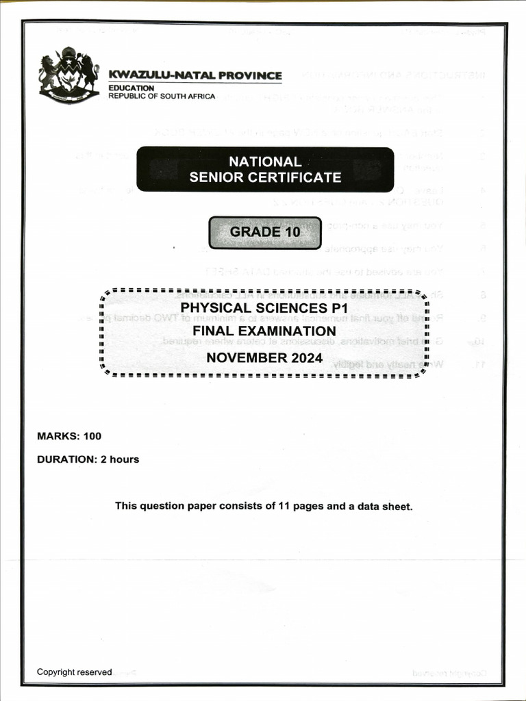 G10 Physical Sciences P1 Nov 2024 KZN Common QP Scanned by Farhad Akoo | PDF