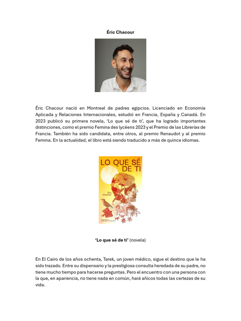Bio Eric Chacour Lo Que Se de Ti | PDF