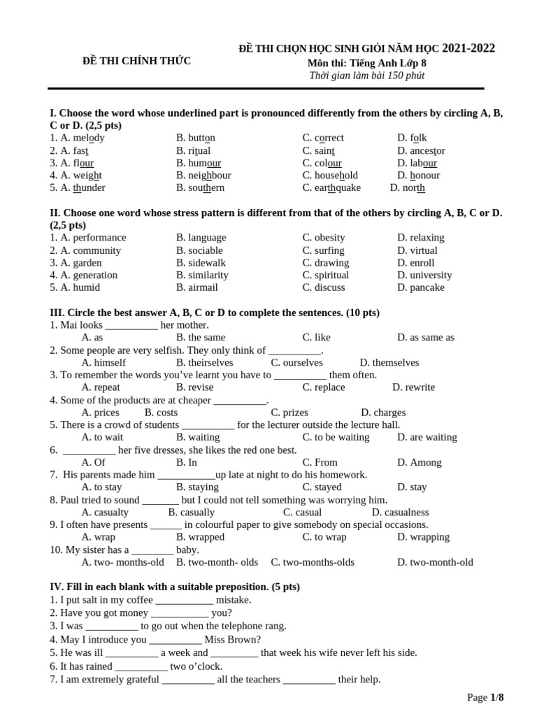 ĐỀ HSG ANH 8 SỐ 14 | PDF | Asia