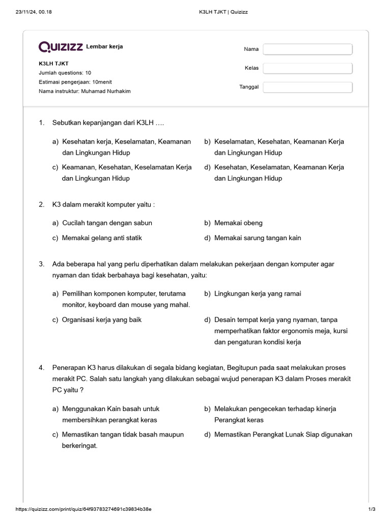 K3LH TJKT - Quizizz | PDF | Teknologi & Rekayasa