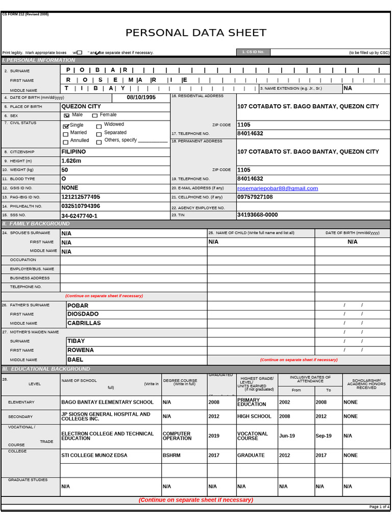 Personal Data Sheet CS Form 212 | PDF | Justice | Crime & Violence
