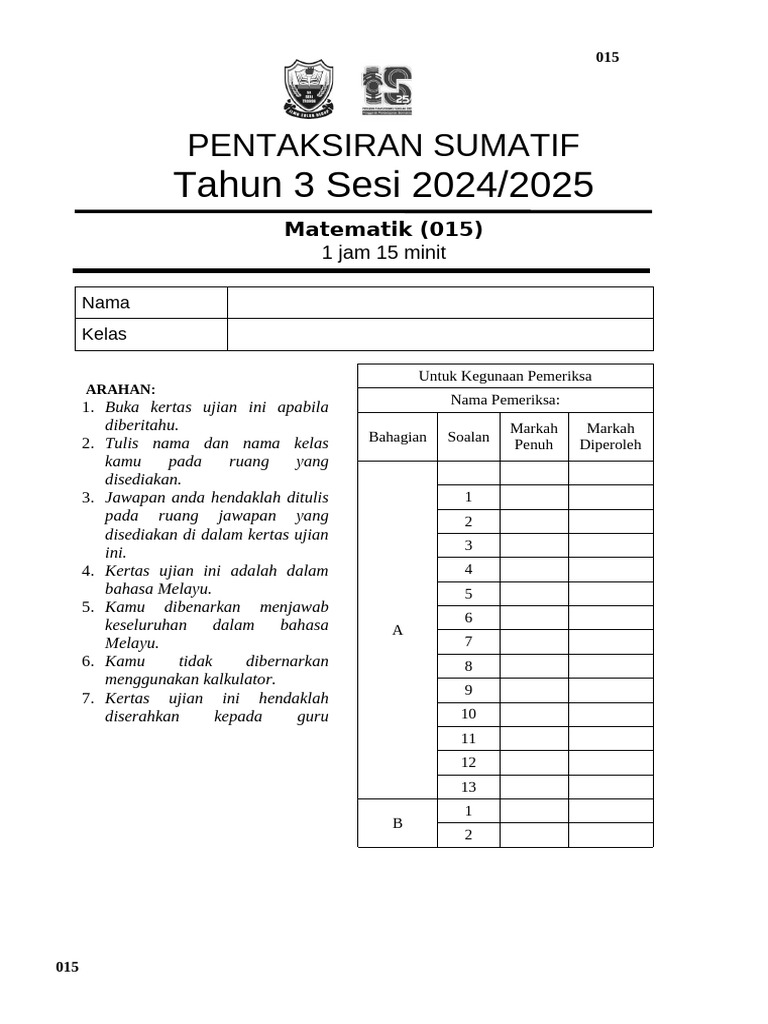 FORMAT UASA TAHUN 3 2024-25 SKST EDIT NARROW | PDF