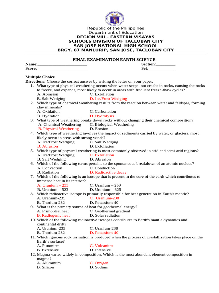 50 Items Final Examinatination in Earth Science Identification | PDF ...